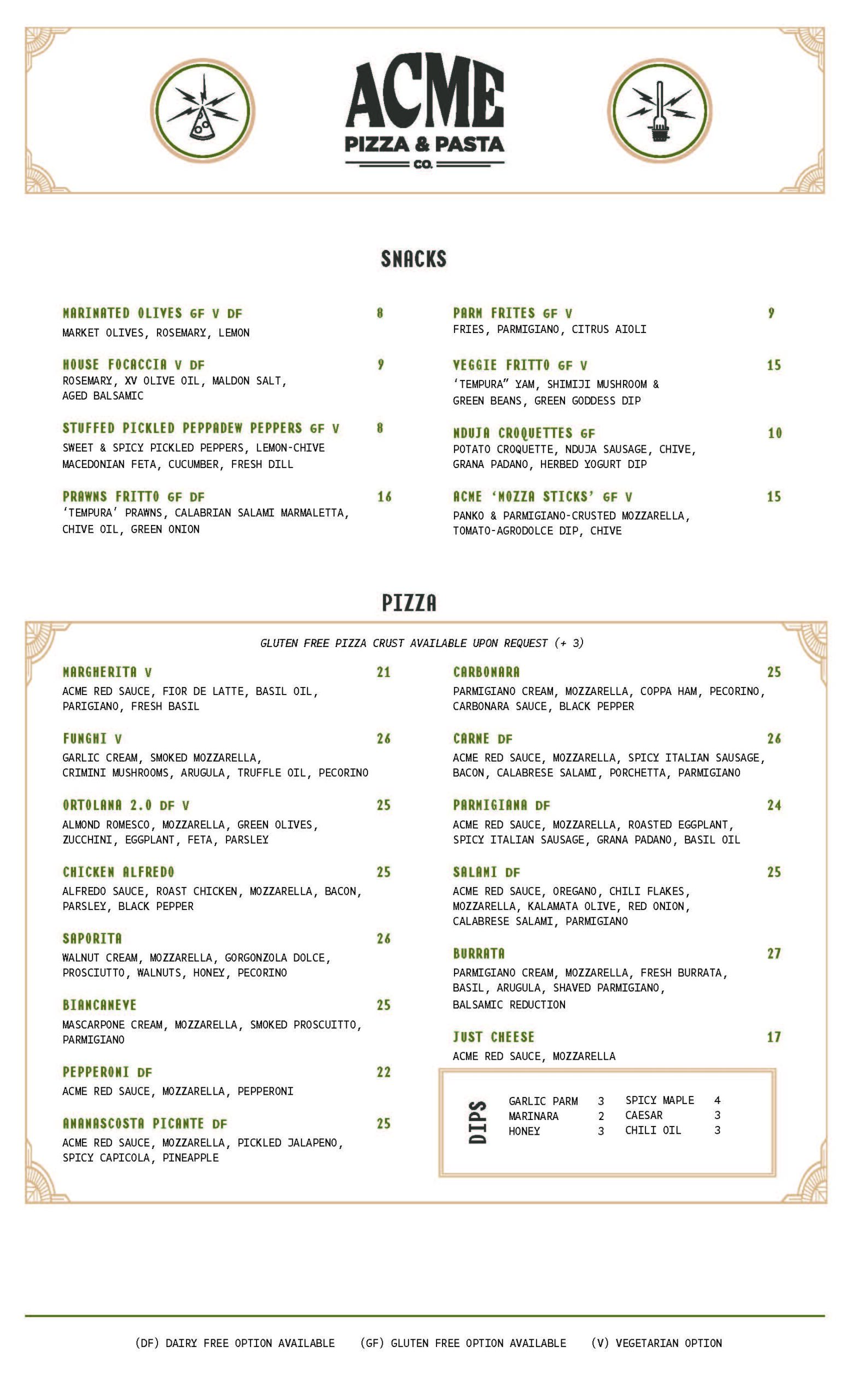 Menu | Acme Pizza & Pasta Co. in Sunnyside, Calgary